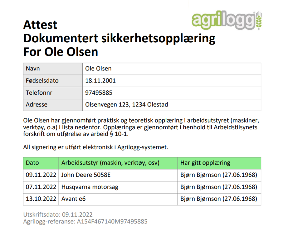 Dokumentert sikkerhetsopplæring i Agrilogg